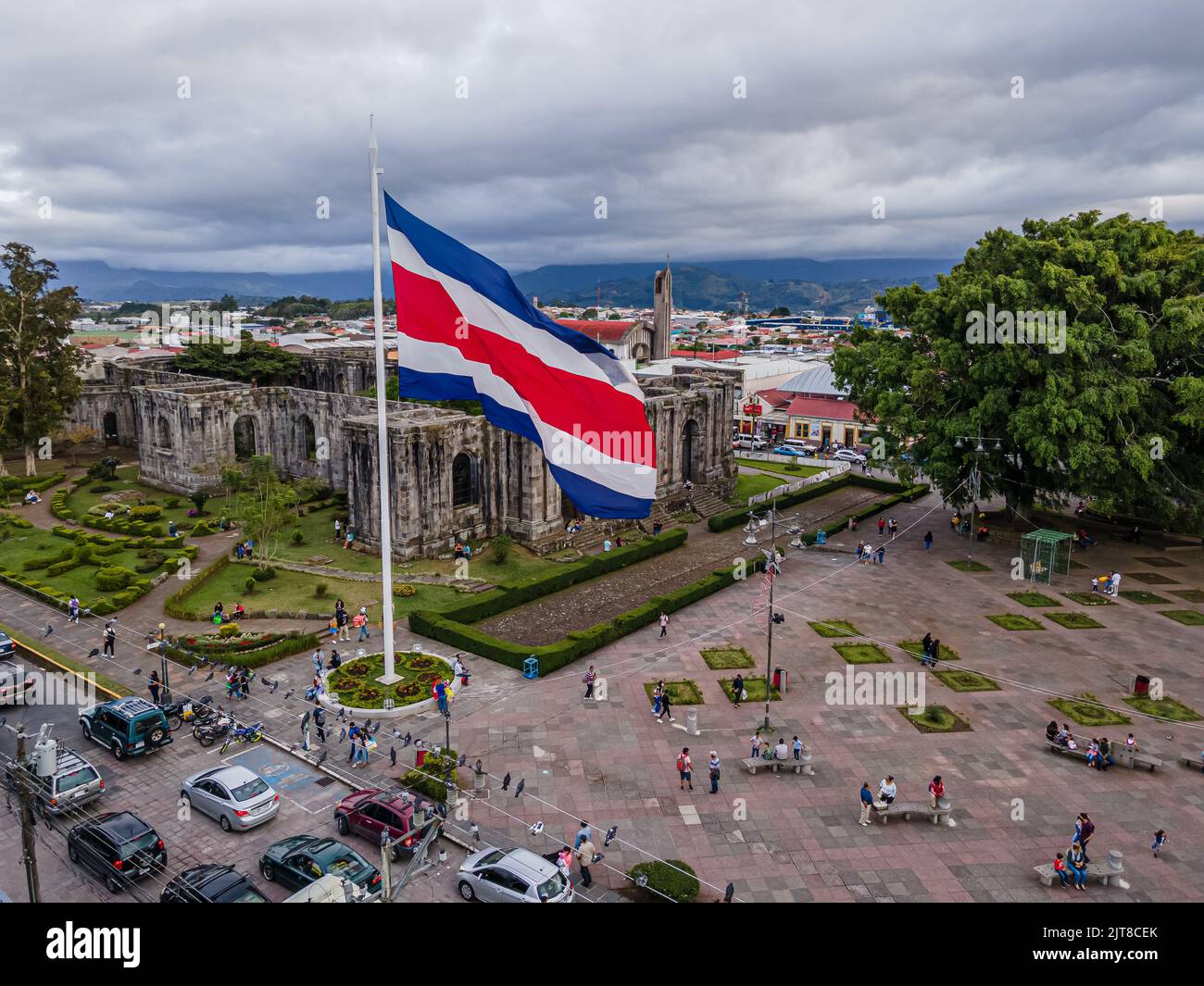 Beautiful aerial cinematic footage of the ruins, the CostaRican Flag ...