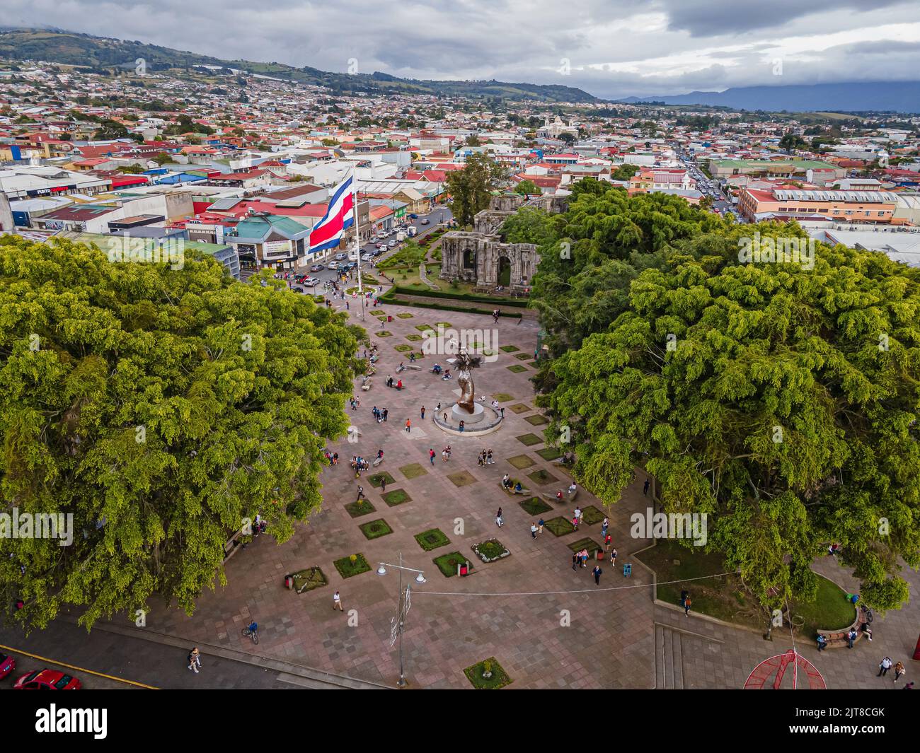 Beautiful aerial cinematic footage of the ruins, the CostaRican Flag ...