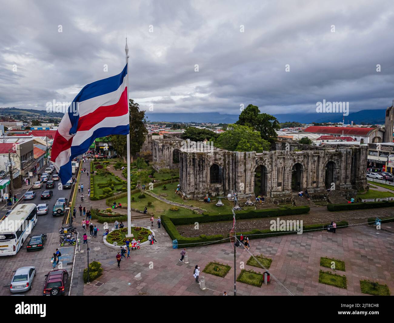 Beautiful aerial cinematic footage of the ruins, the CostaRican Flag ...