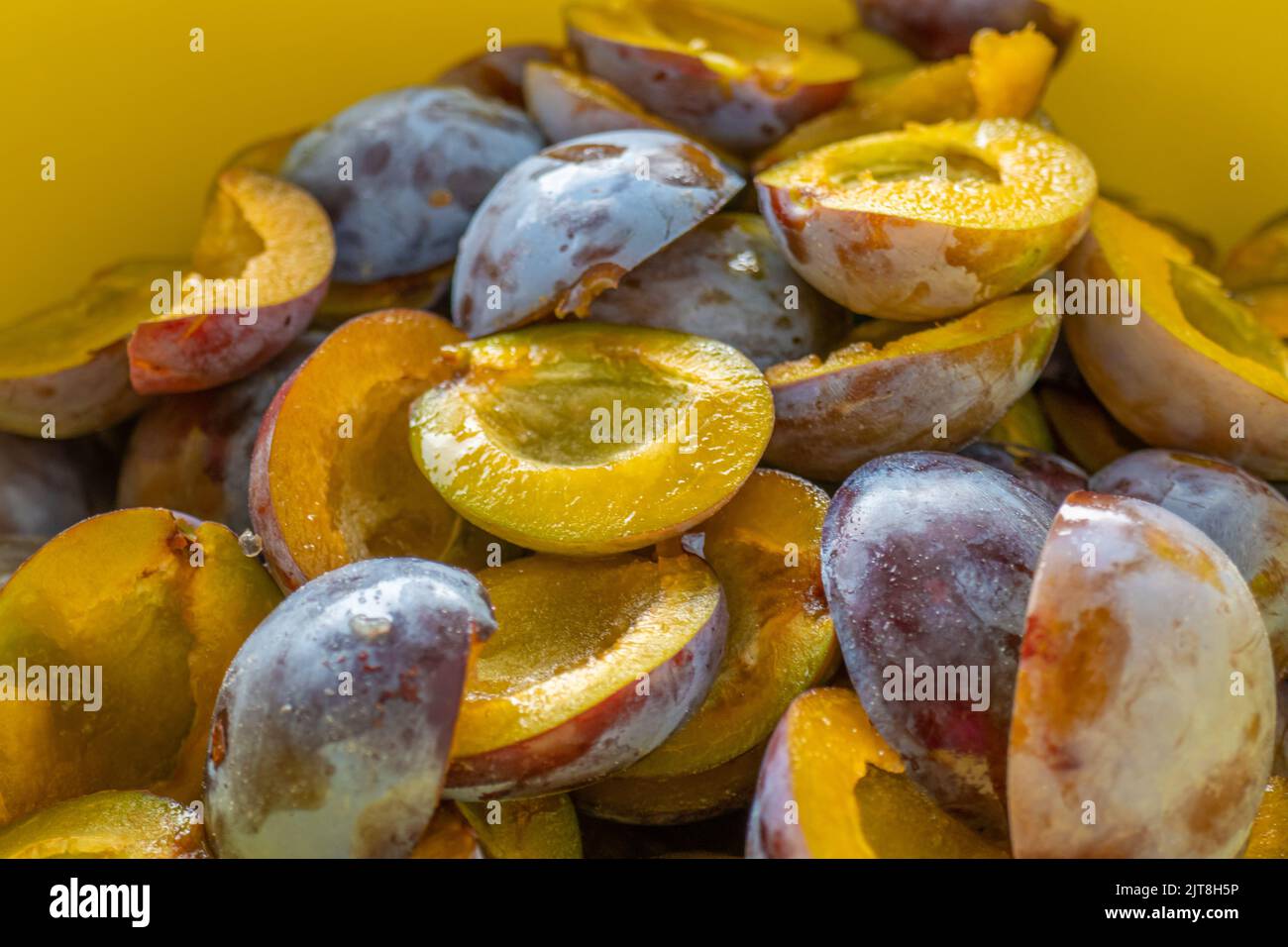 Plum halves background. Juicy pulp of plums texture. Plums harvest.Plum ...