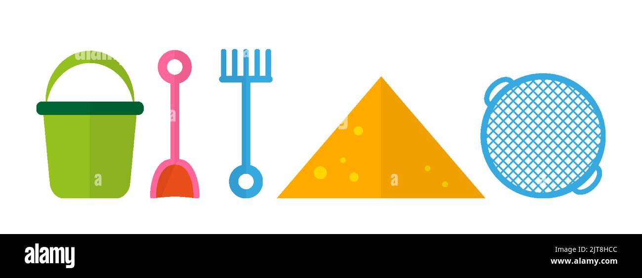 Bucket shovel rake pyramid sand strainer flat set. Toy play sand ...