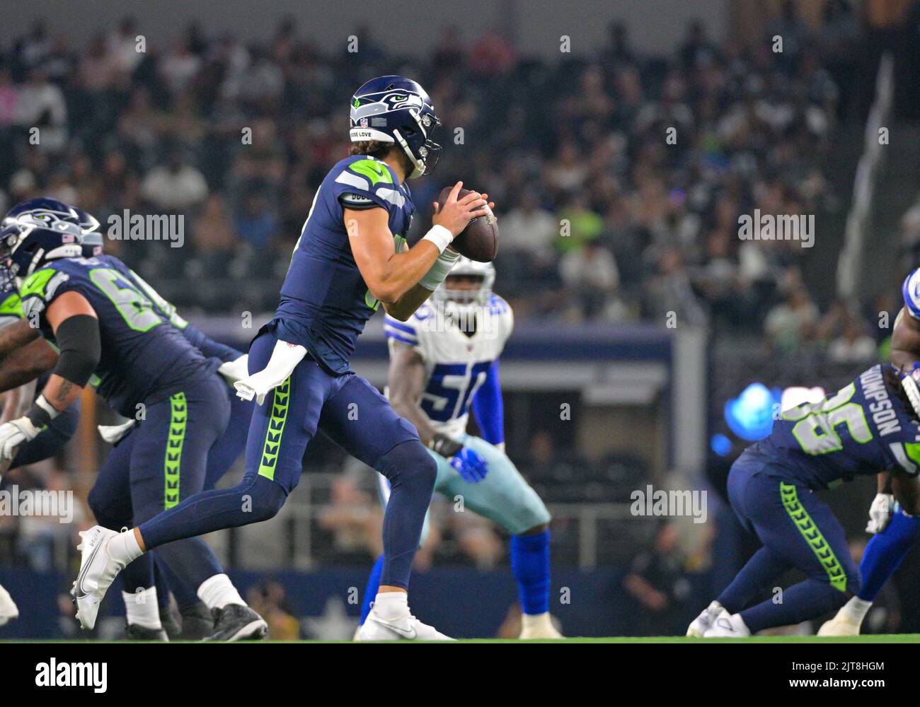 August 26 2022: Seattle Seahawks quarterback Jacob Eason (17) looks ...