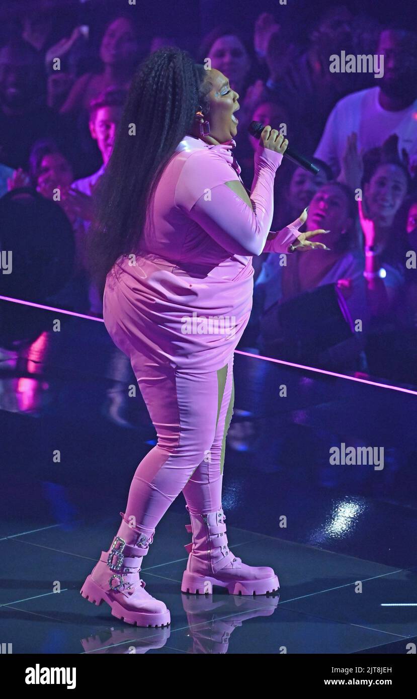 Lizzo performs on stage at the MTV Video Music Awards 2022 held at the ...