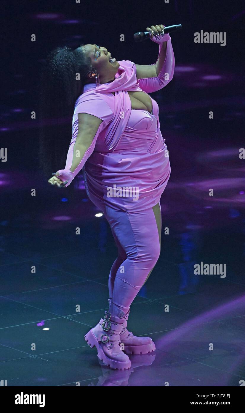 Lizzo performs on stage at the MTV Video Music Awards 2022 held at the ...