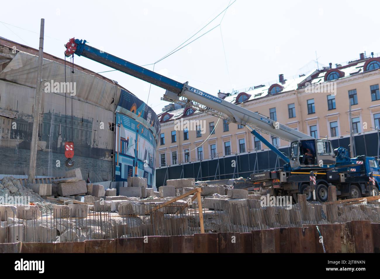 RUSSIA, PETERSBURG - AUG 20, 2022: crane mobile truck site construction ...