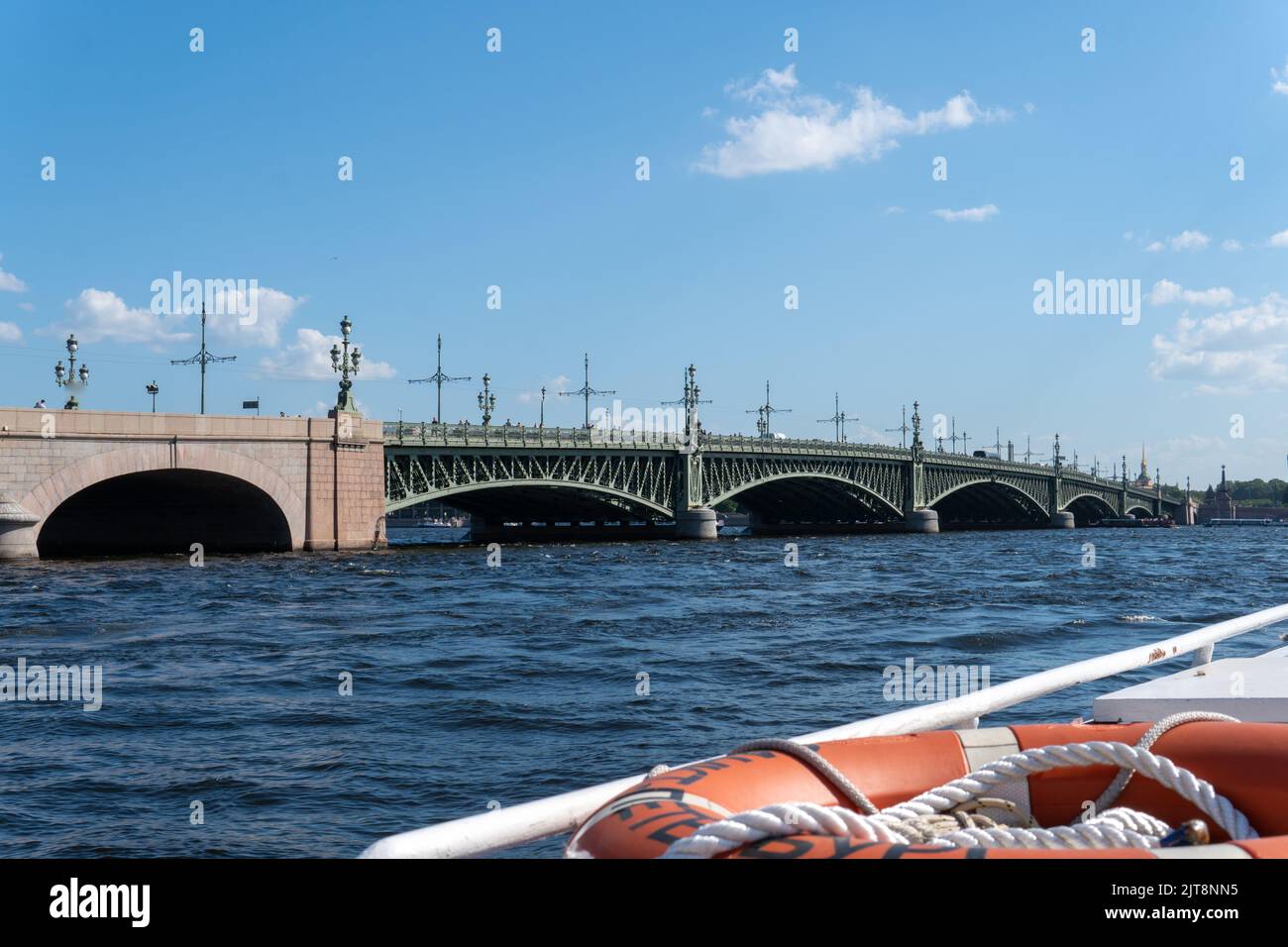 RUSSIA, PETERSBURG - AUG 20, 2022: neva saint bridge river palace ...