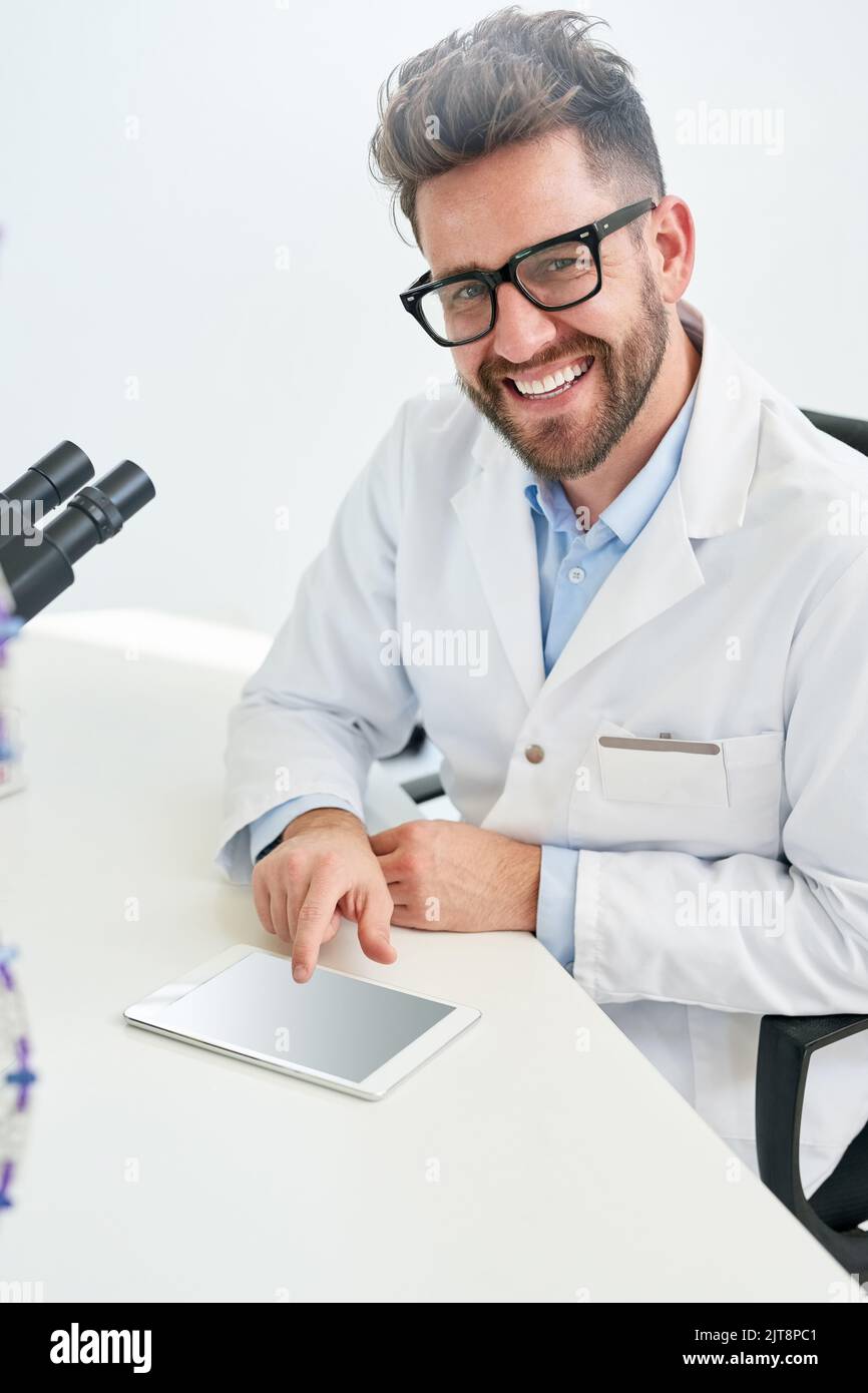 It helps me conduct thorough research. Portrait of a male scientist ...