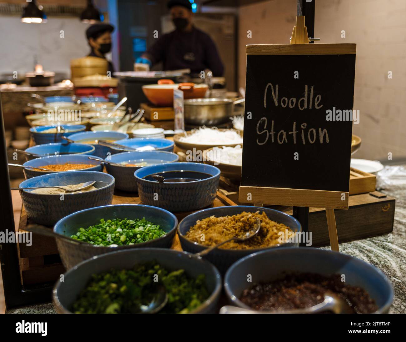 Breakfast buffet in a luxury hotel. Noodle bar at the buffet, Asian noodles counter Stock Photo ...