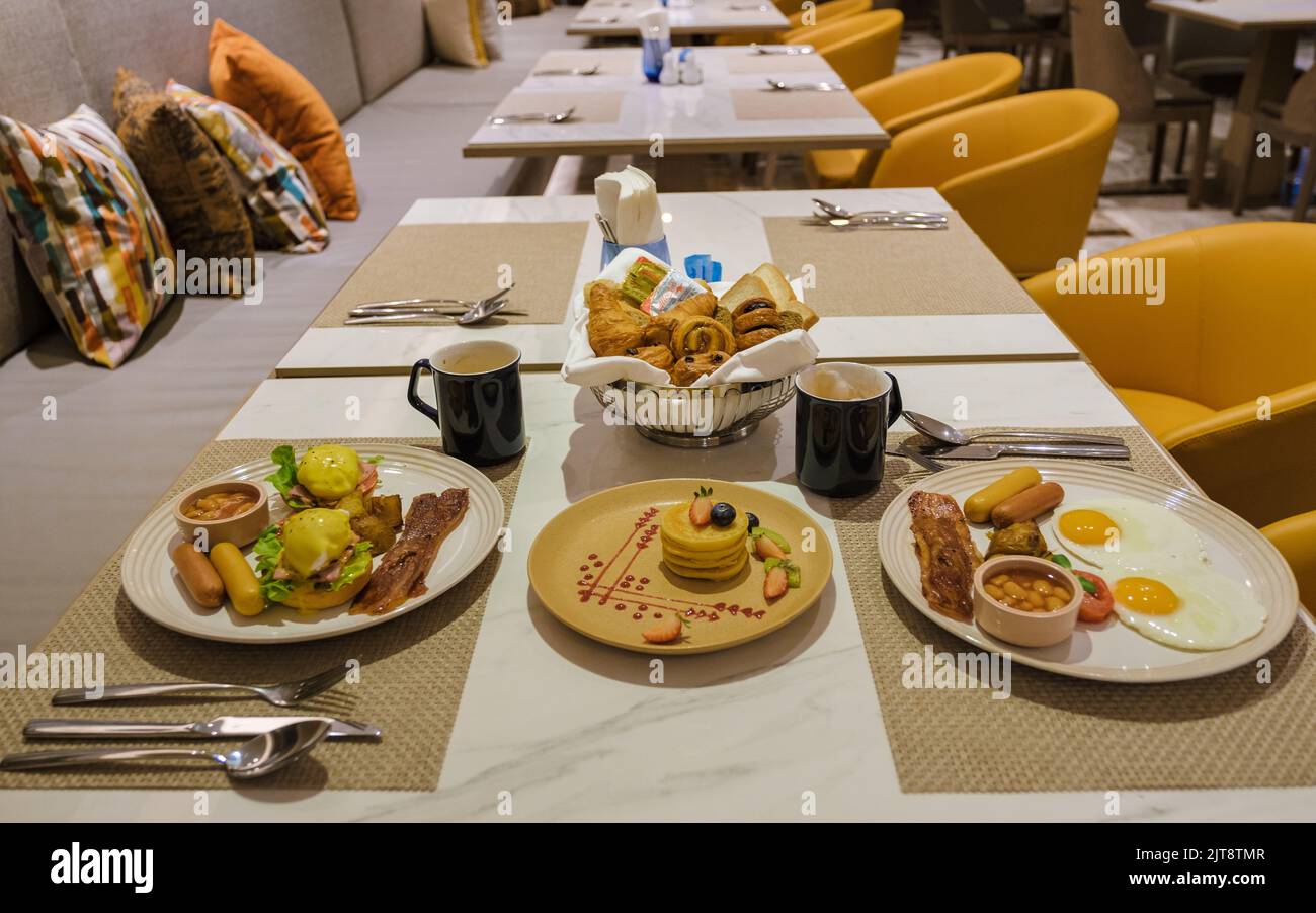 Breakfast buffet in a luxury hotel. top view of breakfast table with ...