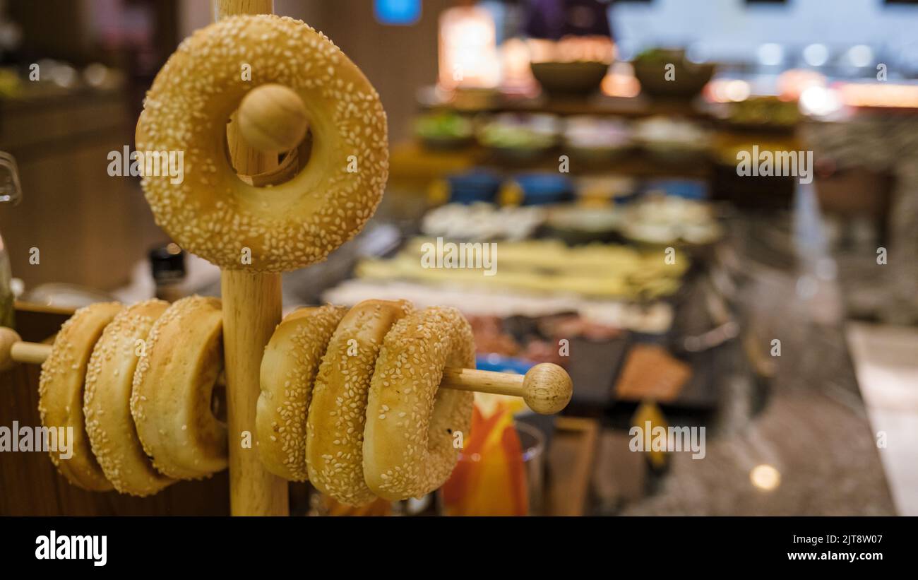 Breakfast buffet in a luxury hotel. bread corner with croissant muffin ...