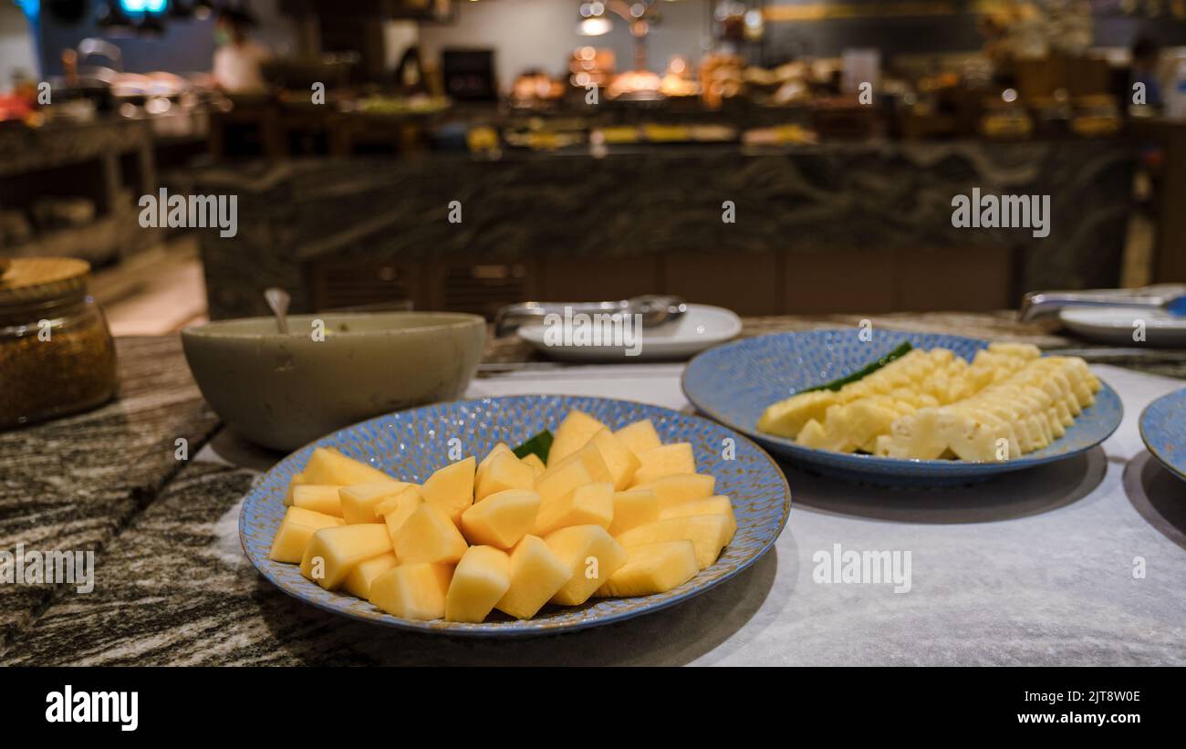 Breakfast buffet in a luxury hotel. ruit on a plate at a buffet Stock ...