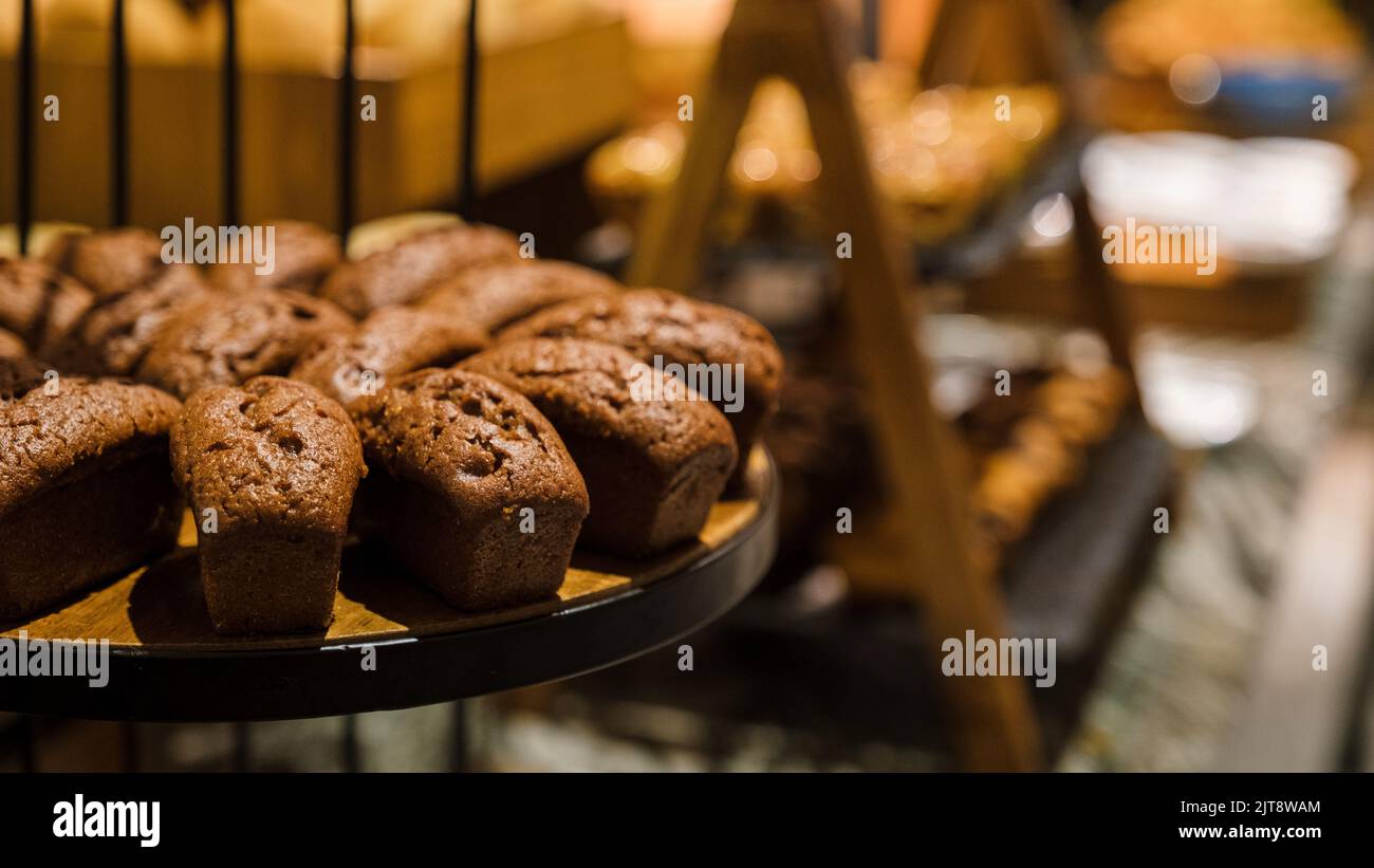 Breakfast buffet in a luxury hotel. bread corner with croissant muffin ...