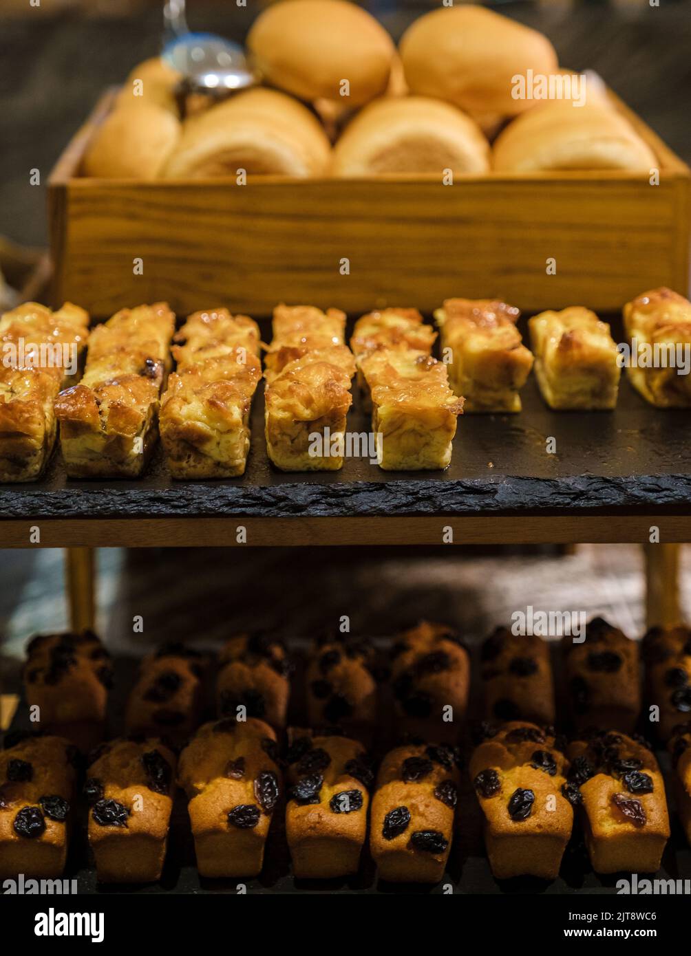 Breakfast buffet in a luxury hotel. bread corner with croissant muffin ...