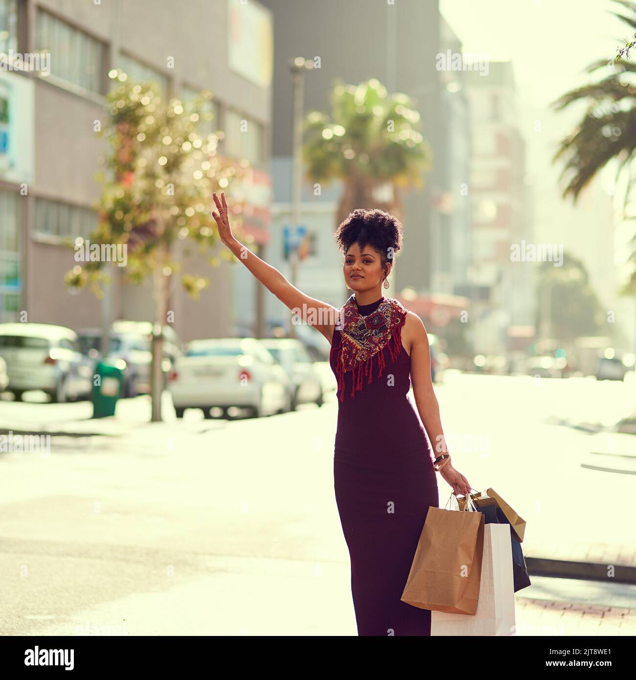 I got everything I wanted. a fashionable young woman waving down a cab ...