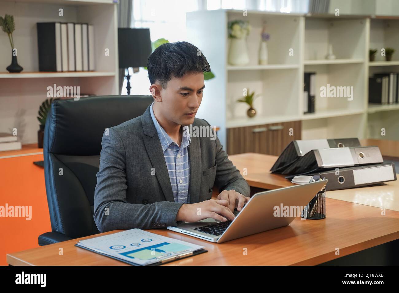 Portrait businessman professional smile guy working using computer ...