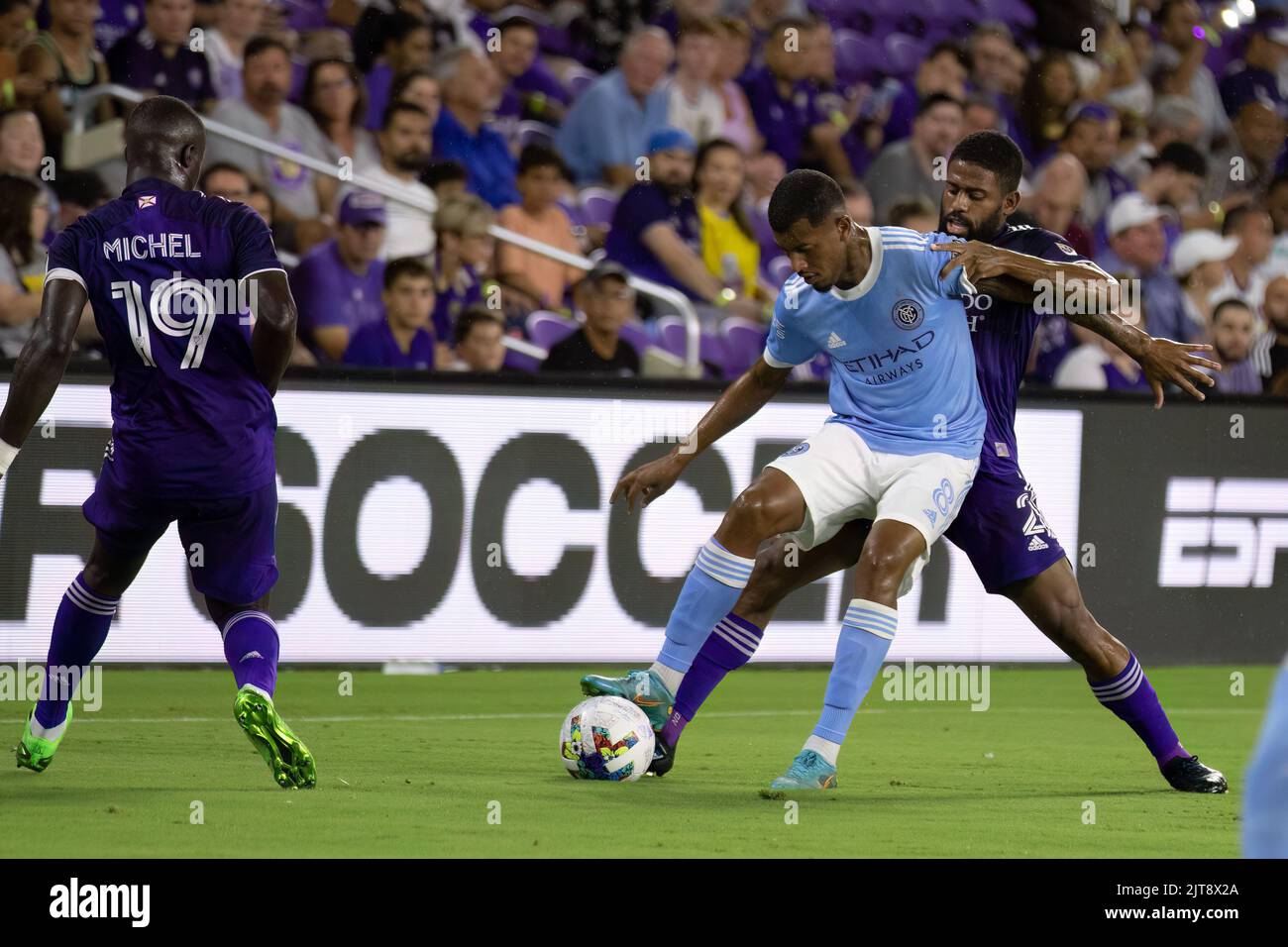 Orlando, USA. 28th Aug, 2022. Thiago (8 New York City FC) protects the ...