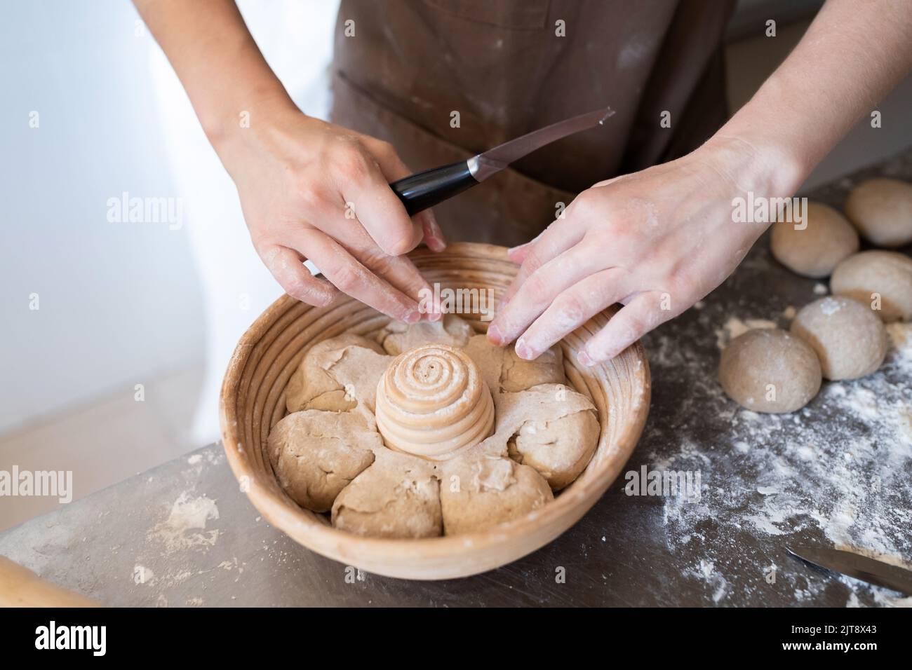 The process of making traditional French bread in a craft bakery ...