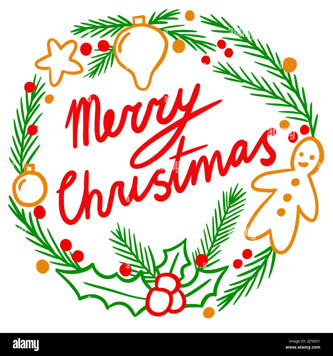 Round circle hand drawn illustration with happy holidays greeting in ...