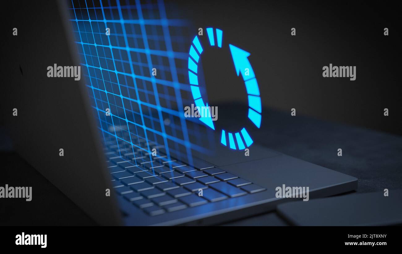 Loading digital technology on a dark laptop with hologram effects 3D ...