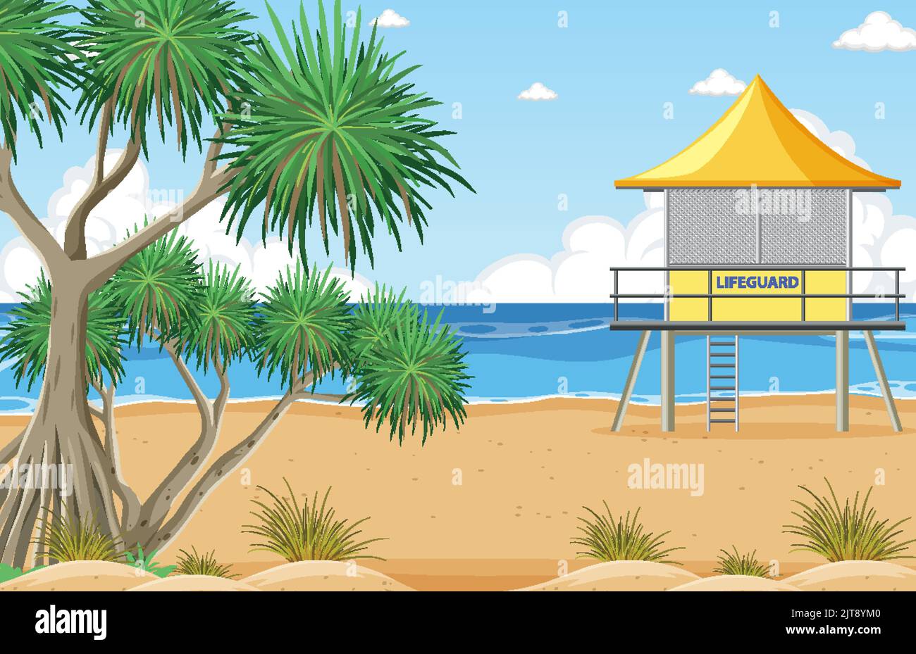 Beach scene with lifeguard tower illustration Stock Vector Image & Art ...