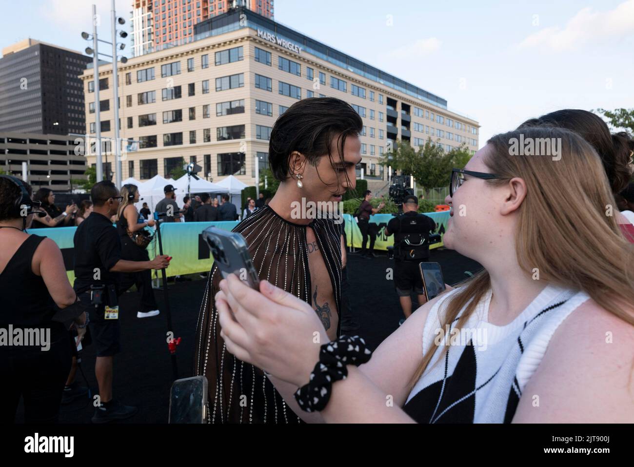 Newark, New Jersey, USA. 28th Aug, 2022. MANESKIN appears before the red carpet wearing Coperni ...