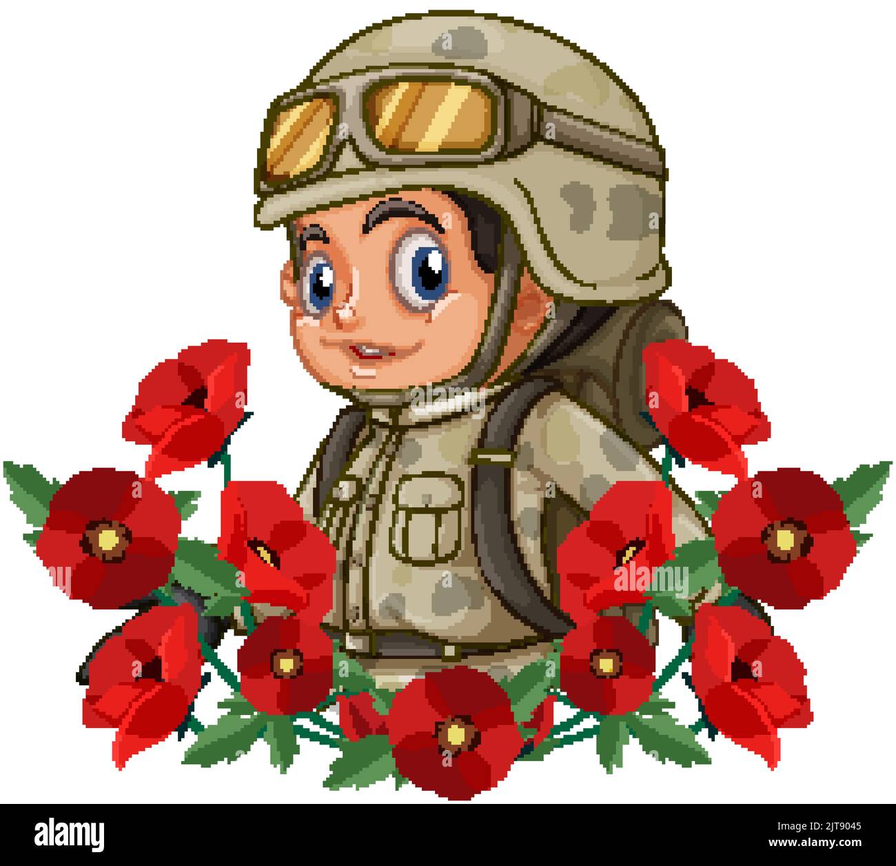 Military cartoon character with poppy flower icon illustration Stock ...