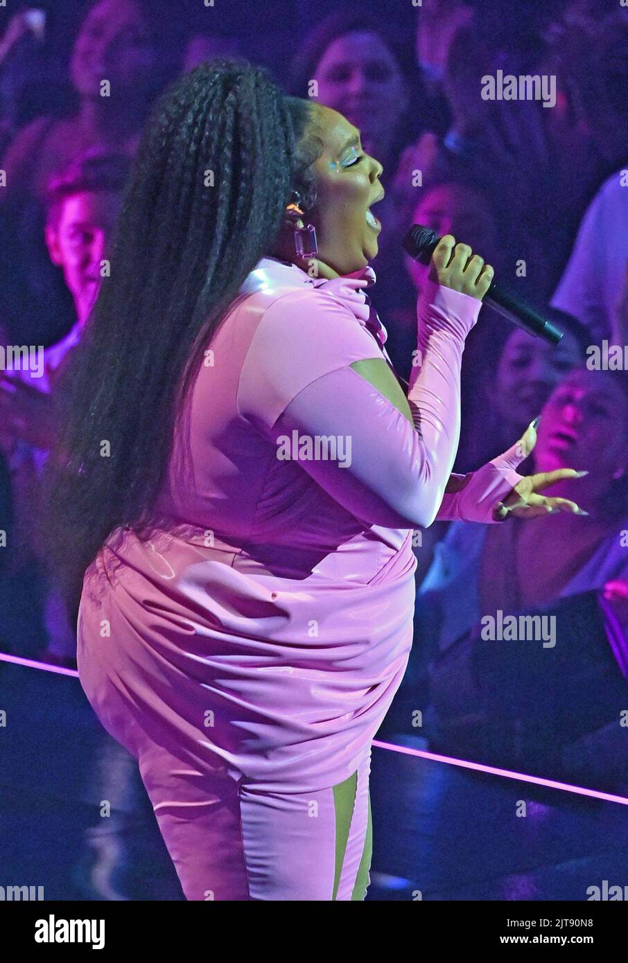 Lizzo performs on stage at the MTV Video Music Awards 2022 held at the ...