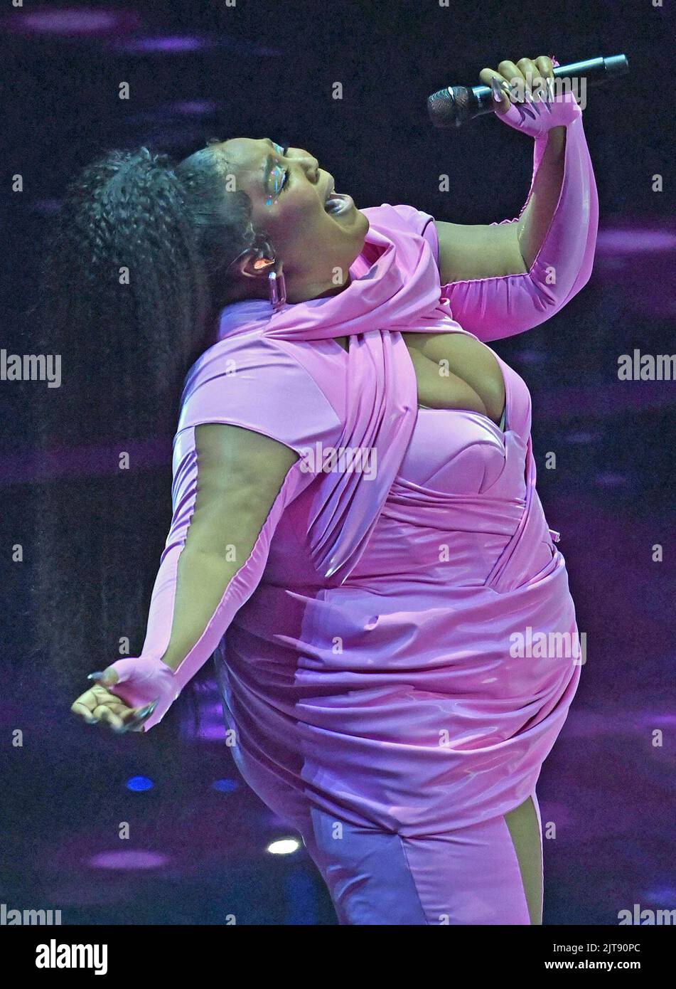 Lizzo performs on stage at the MTV Video Music Awards 2022 held at the ...