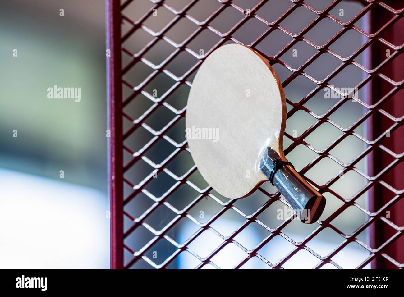 one Table Tennis Paddle racket is hung on red grill by a cable tie for ...