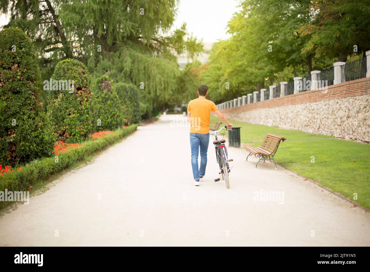 Back of a man walking while carrying a bicycle on a path in a public ...