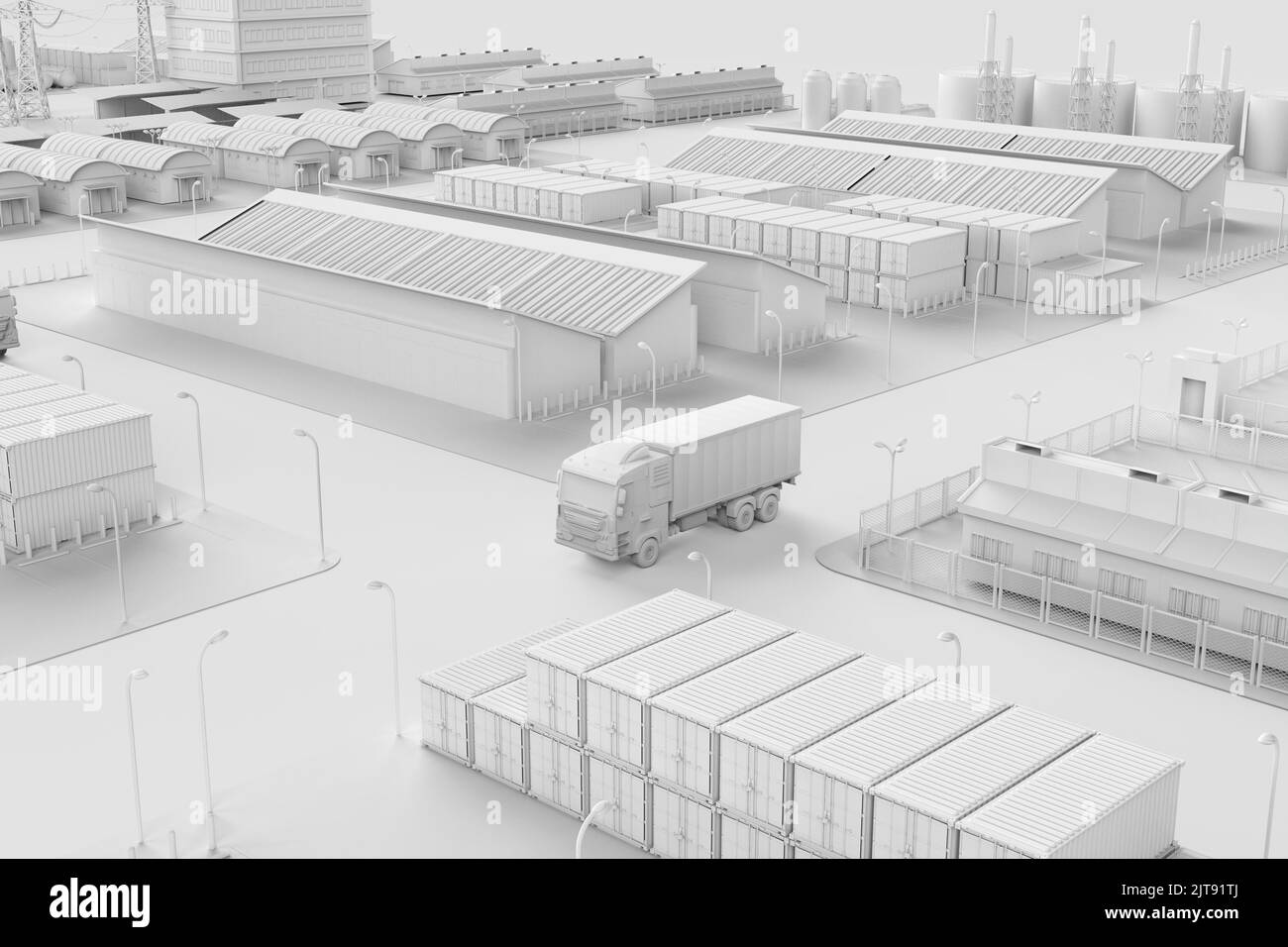 3d rendering white logistic trailer truck or lorry model in industrial ...