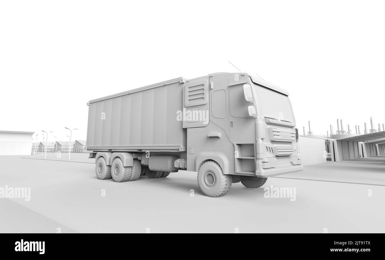 3d rendering white logistic trailer truck or lorry model in industrial ...