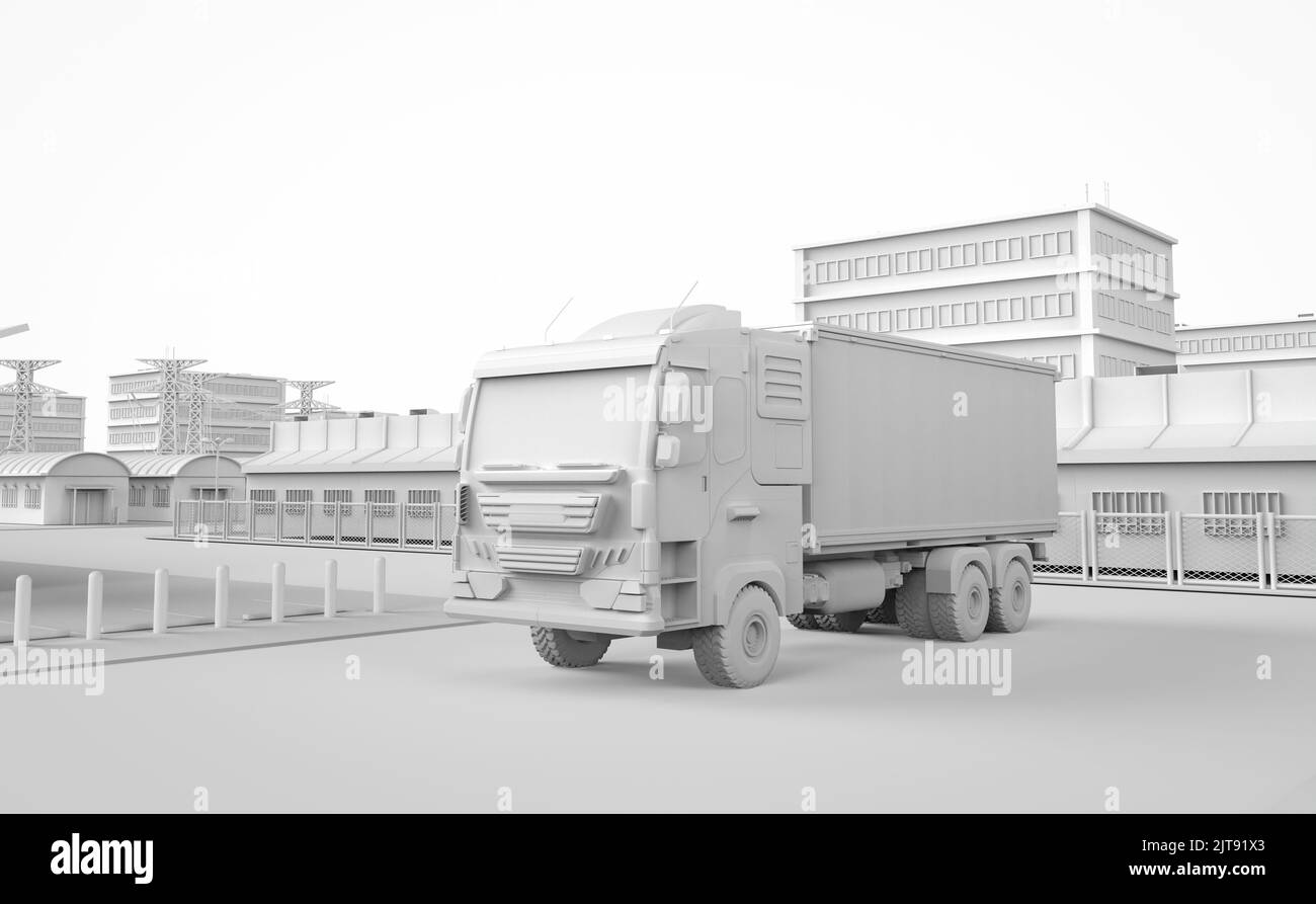 3d rendering white logistic trailer truck or lorry model in industrial ...