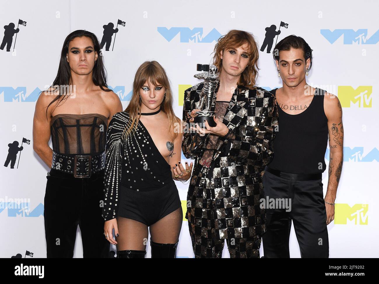 Newark, USA. 28th Aug, 2022. Ethan Torchio, Victoria De Angelis, Thomas Raggi and Damiano David ...