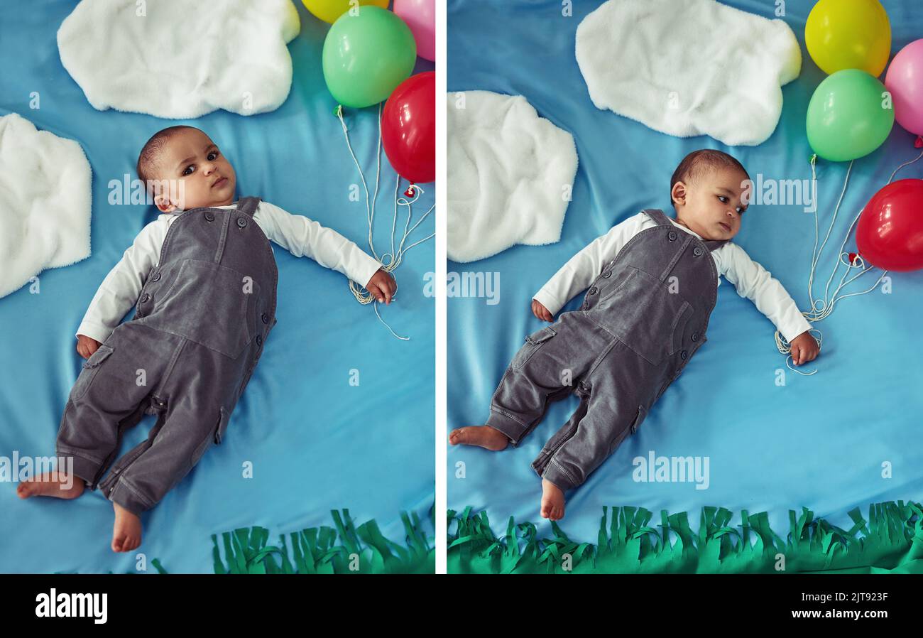 High flying adventures. Composite concept shot of an adorable baby boy ...