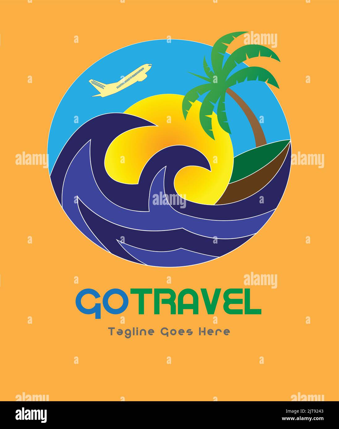 travel company logo with airplane blue sky palm tree sunrise vector ...