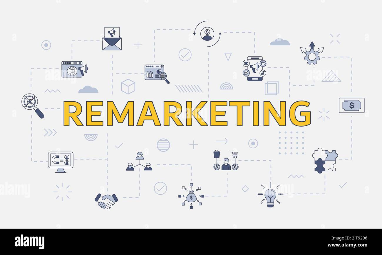 remarketing concept with icon set with big word or text on center ...