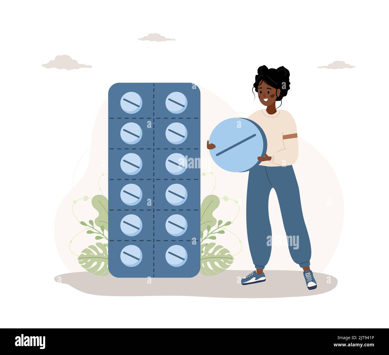 African woman with big pill. Meds in blisters. Antidepressants ...