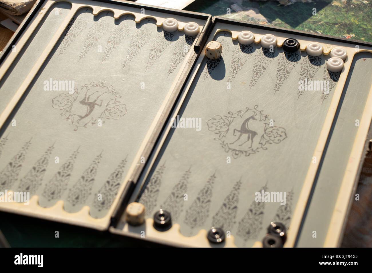 Old backgammon board with dice hi-res stock photography and images - Alamy