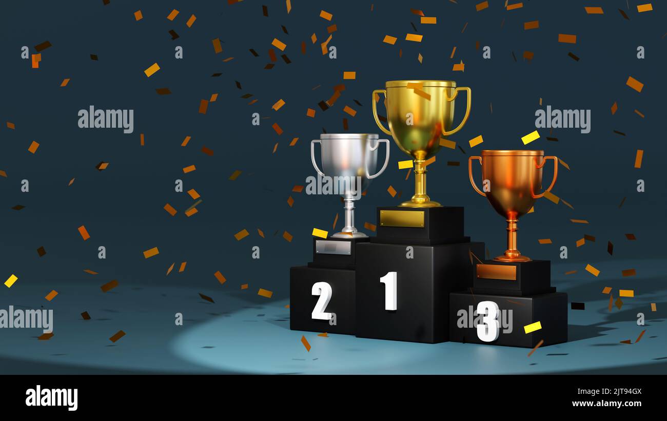 Gold champion trophy cup on winner 1, 2, 3 podium, stage for the first ...