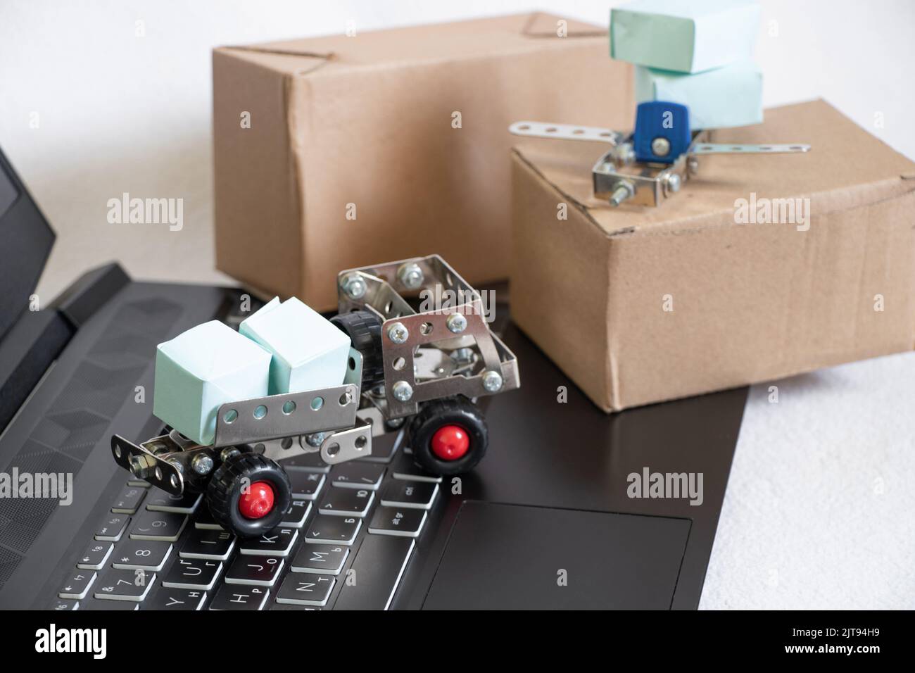 Shipping, delivery and logistic concept. Truck and plane and cardboard ...
