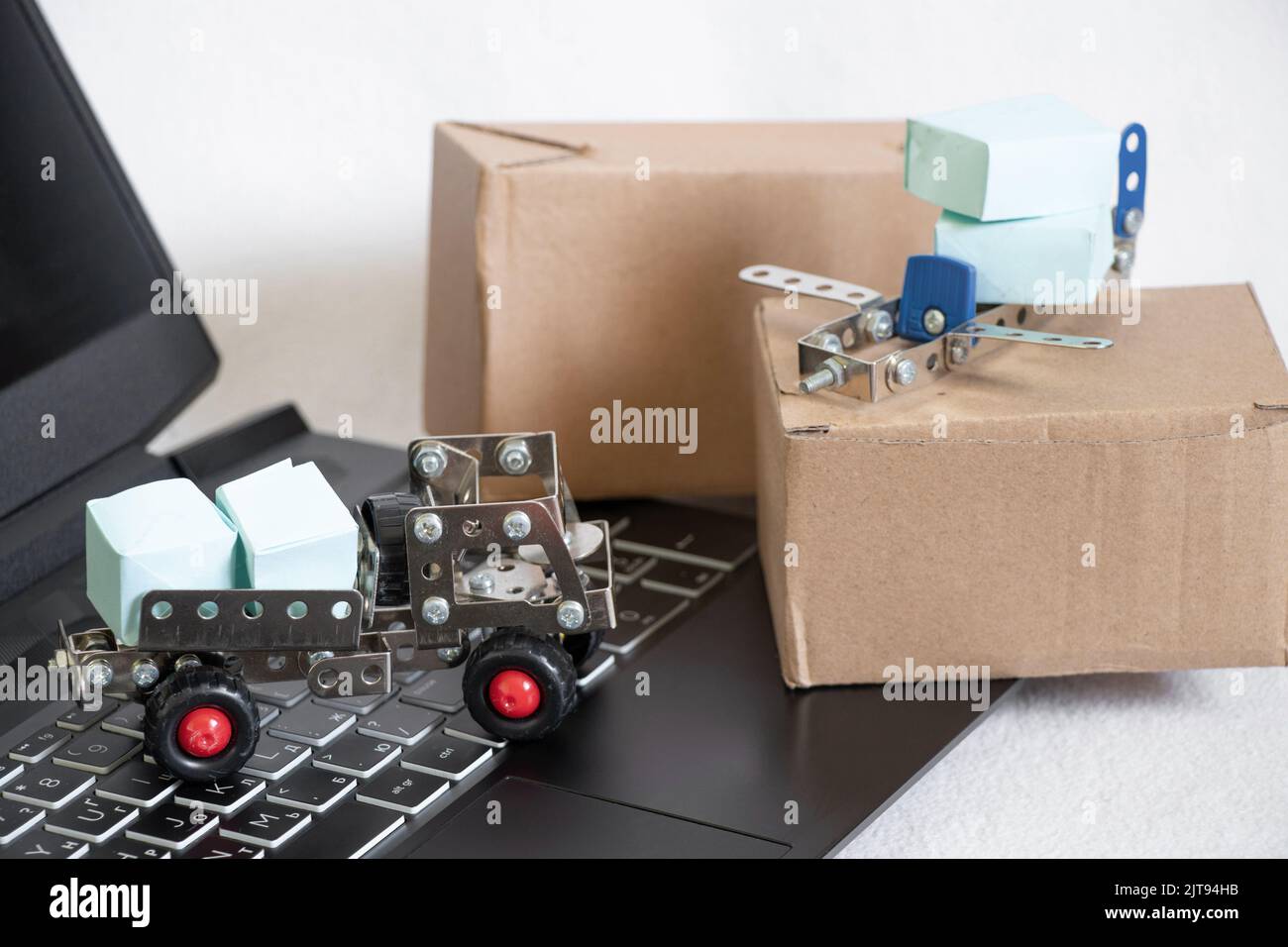 Shipping, delivery and logistic concept. Truck and plane and cardboard ...