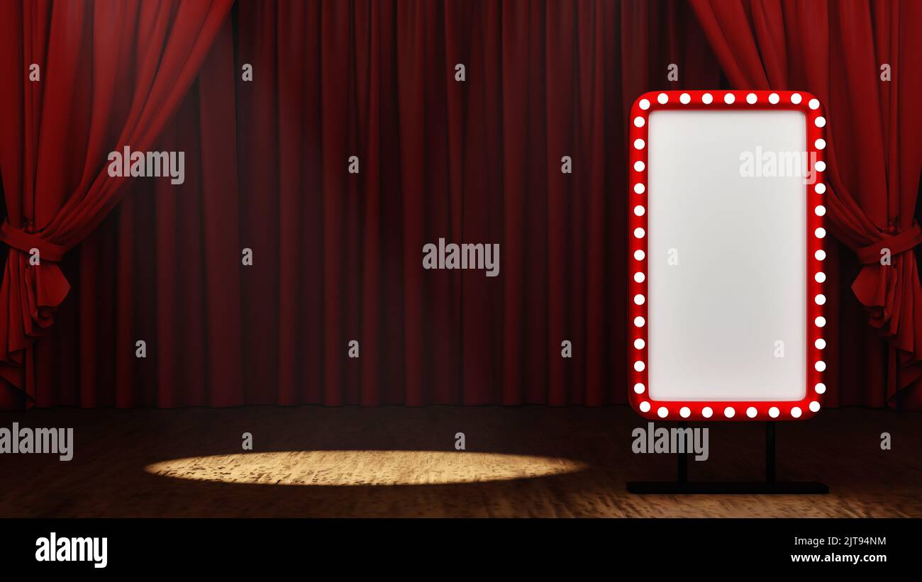 Blank mock up red billboard with light bulb on stage theatre or opera ...