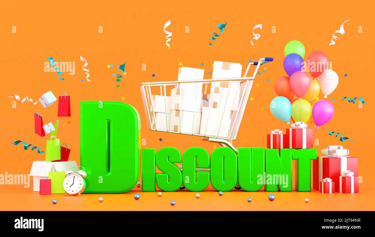 Discount word with gift boxes, shopping cart and bag, banner or poster ...