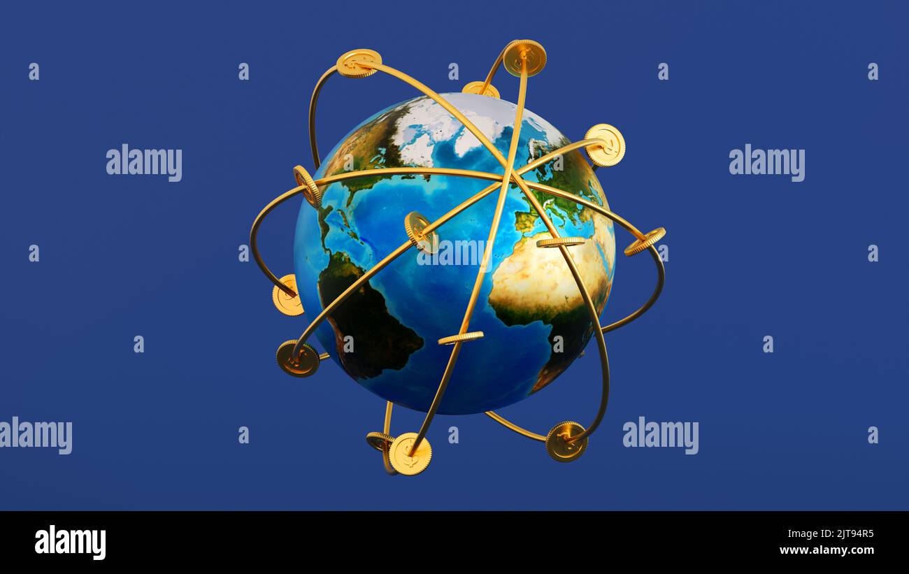 earth globe with ring and dollar coin around, world business and ...
