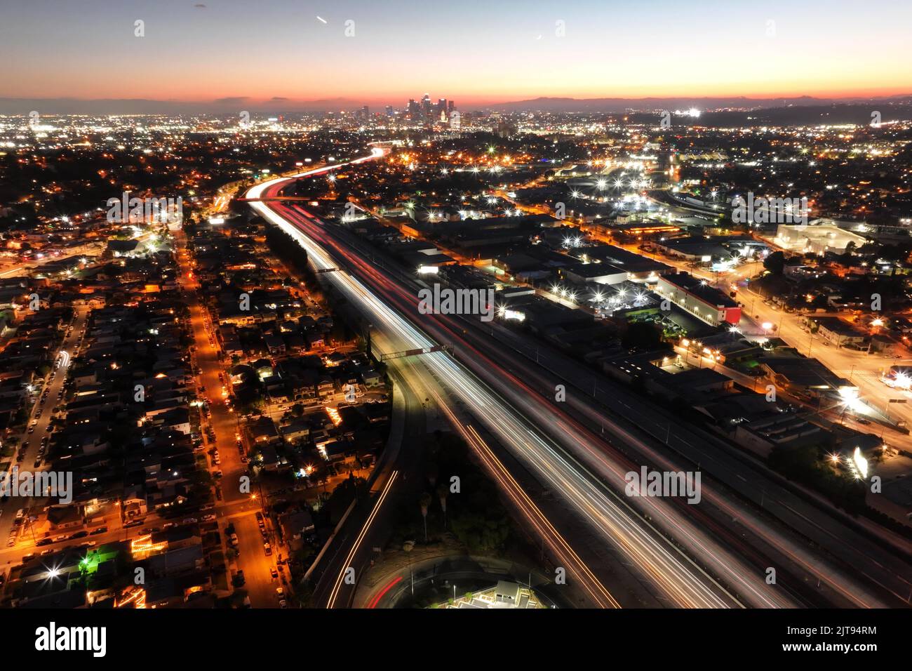 A general overall view of the downtown Los Angeles skyline and Interstate 10 freeway, Sunday ...
