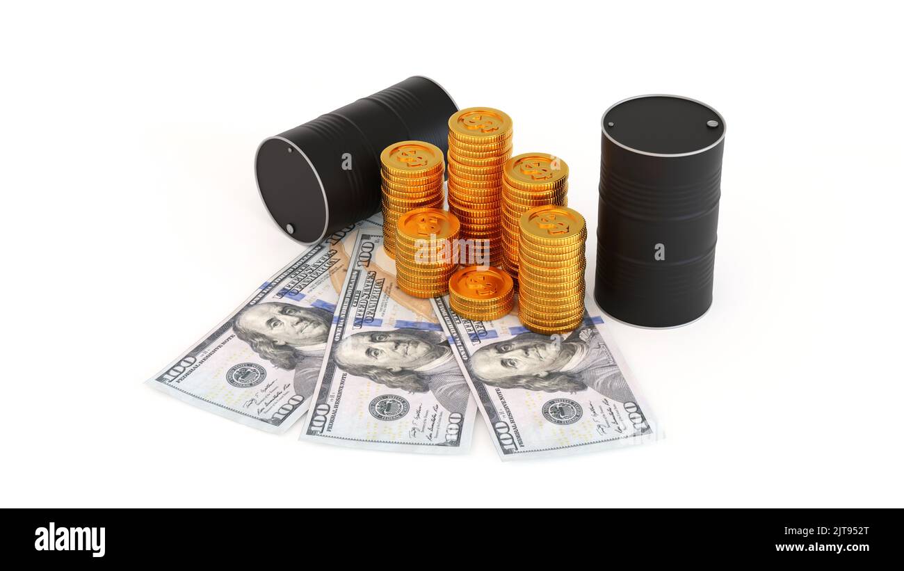Oil barrels and dollar coin and banknote money, concept of oil market ...