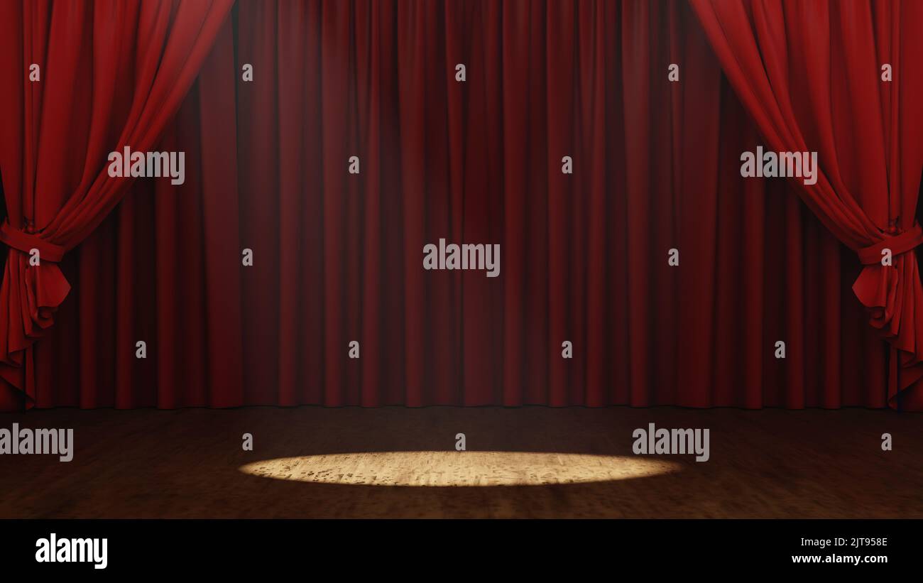 Empty Stage theater or opera with red velvet curtain and Spotlight, 3D ...