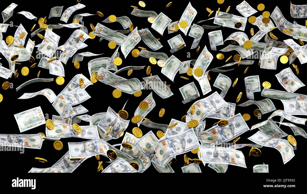Falling gold coin and dollar banknote, money floating in air, business ...