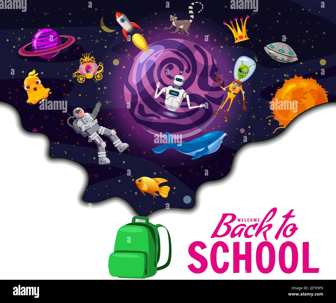 Welcome Back to school, Book Inspiration banner. Kids space imagination ...